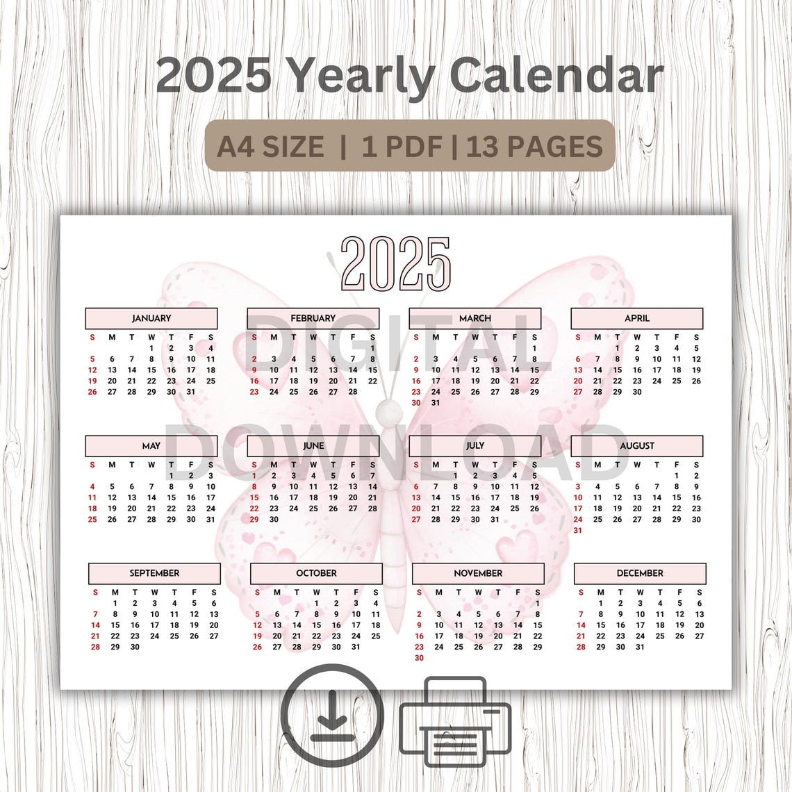 PRINTABLE 2025 Pink Calendar | 2025 Pink Yearly Calendar | 2025 Pink ...