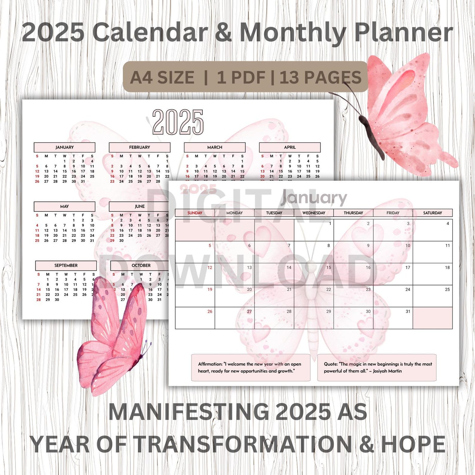 PRINTABLE 2025 Pink Calendar | 2025 Pink Yearly Calendar | 2025 Pink ...