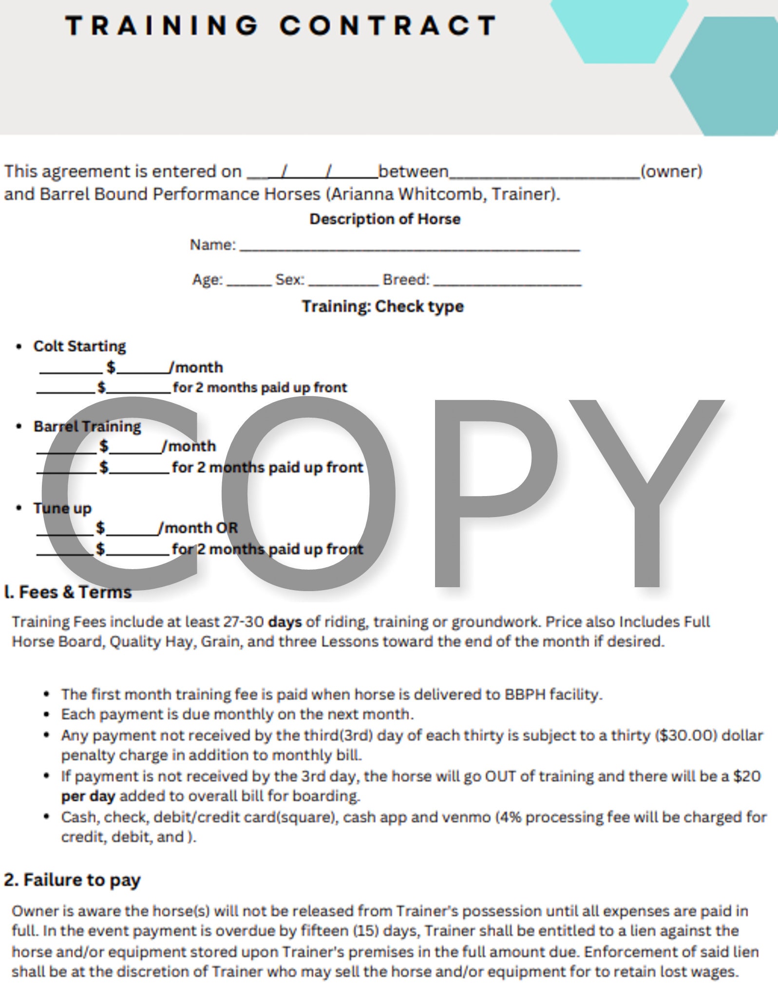 Equine Horse Training Contract - Etsy