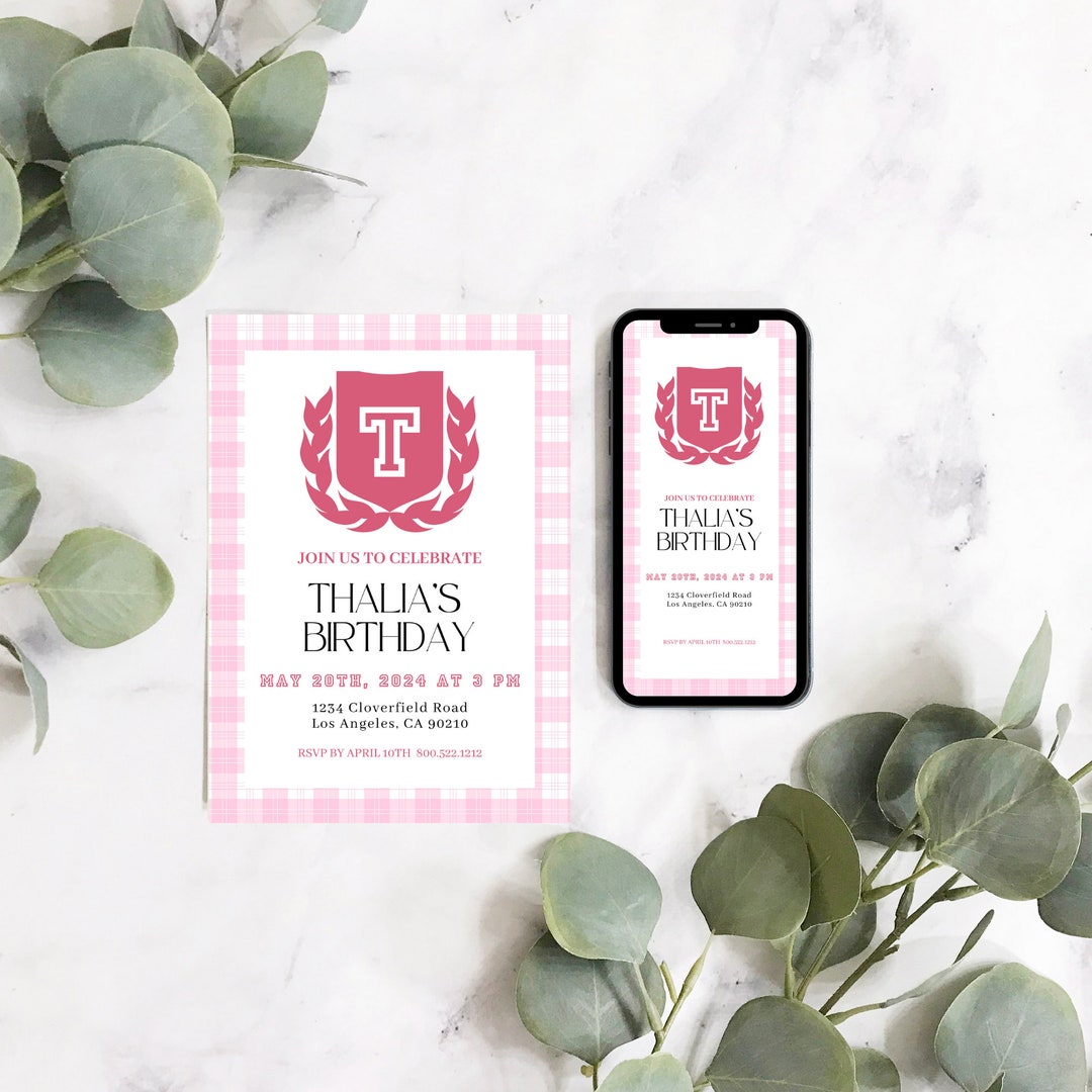 Preppy Birthday Invitation for Girls, Pink Plaid and Emblem, Editable ...