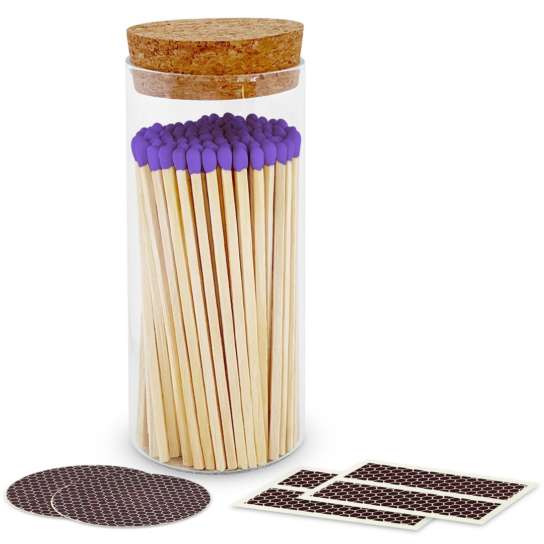 4” Purple Artisan Matches (100 Ct) in a Large Chic Glass Jar, Cork Lid ...