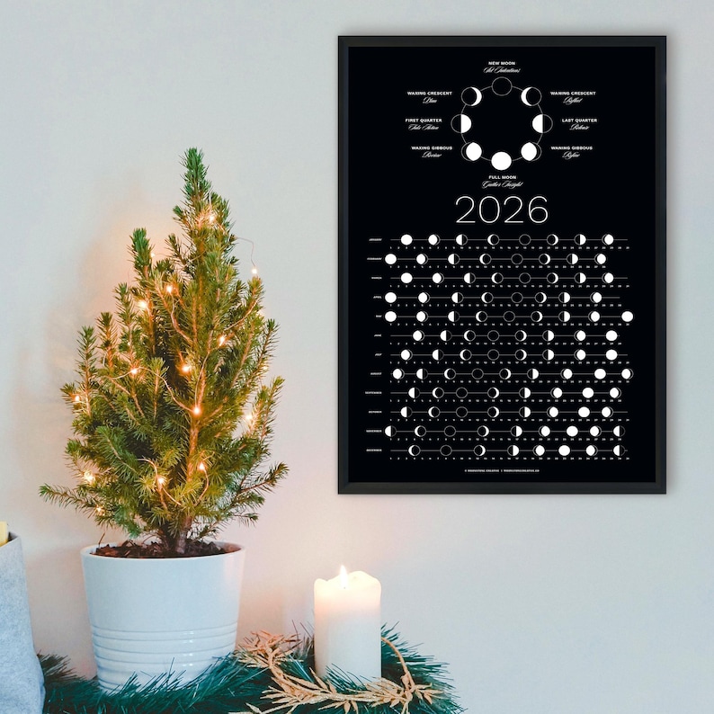 2026 Dark Moon Phase Calendar (SHIPS FLAT) Hangable Dark Lunar Wall ...