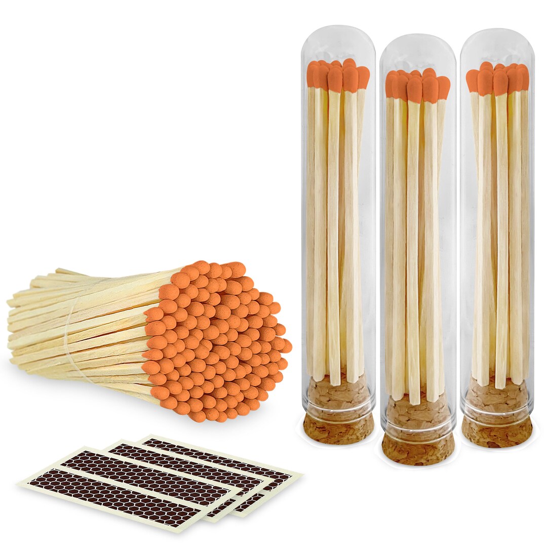 4” Orange Long Artisan Matches in 3 Chic Mini Glass Cloches / Dome Jars ...