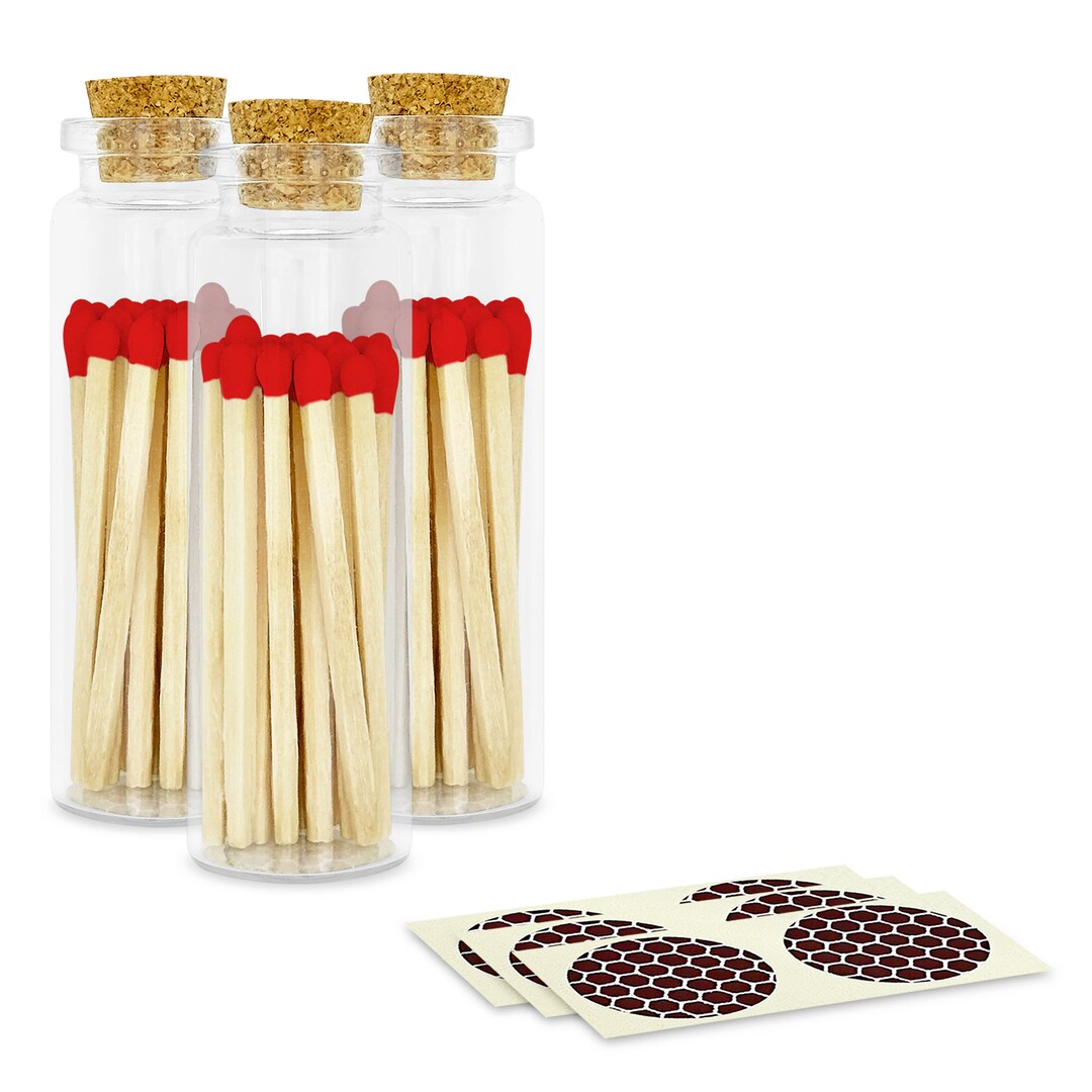 2" Cherry Red Matches in 3 Glass Bottles W/ Cork Top Striker & 20 ...