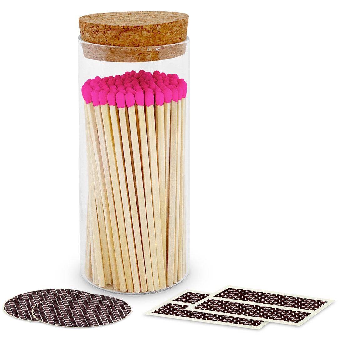 4” Hot Pink Artisan Matches (100 Ct) in a Large Chic Glass Jar, Cork ...