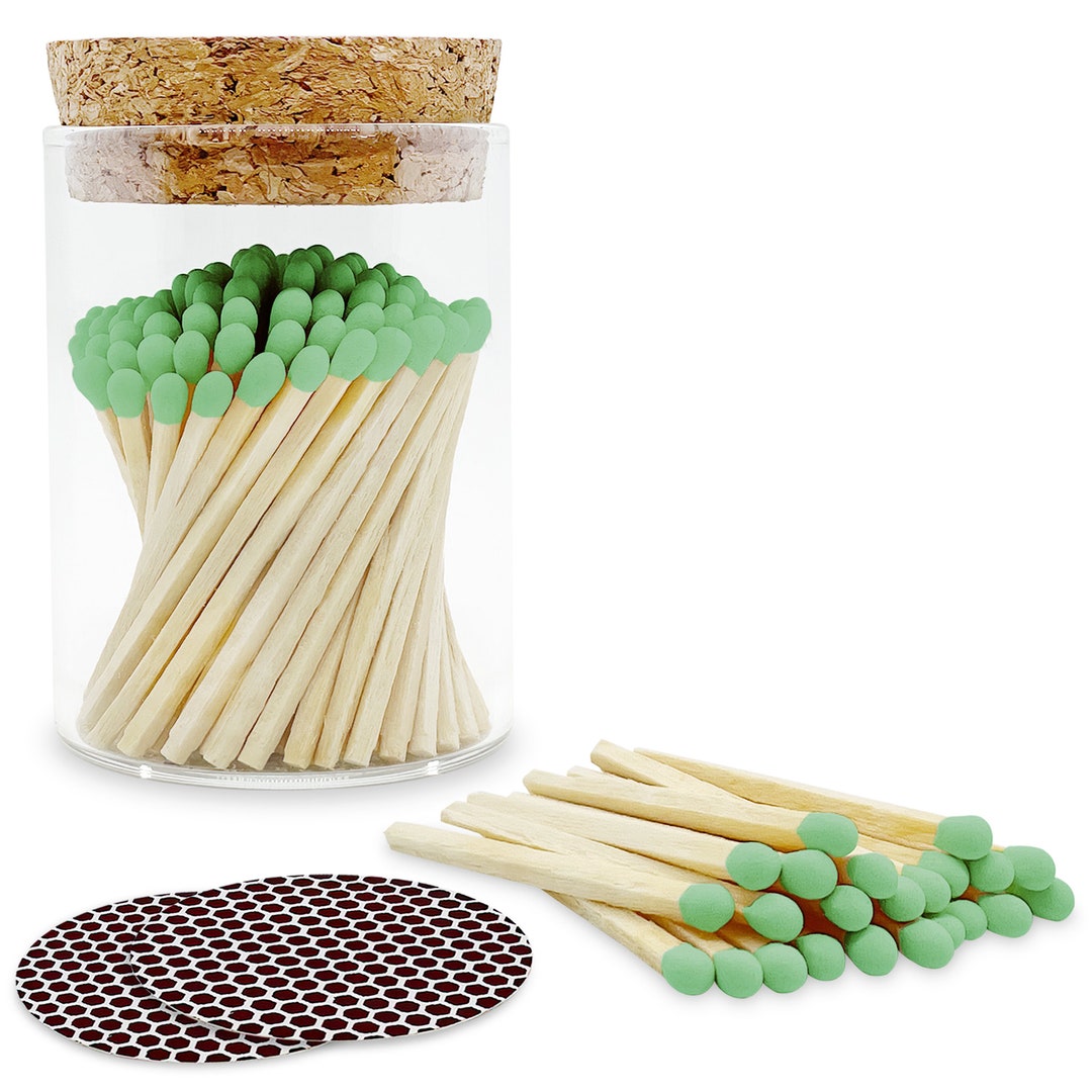 2” Light Green Small Artisan Matches in a Chic Jar, Cork Lid (striking ...