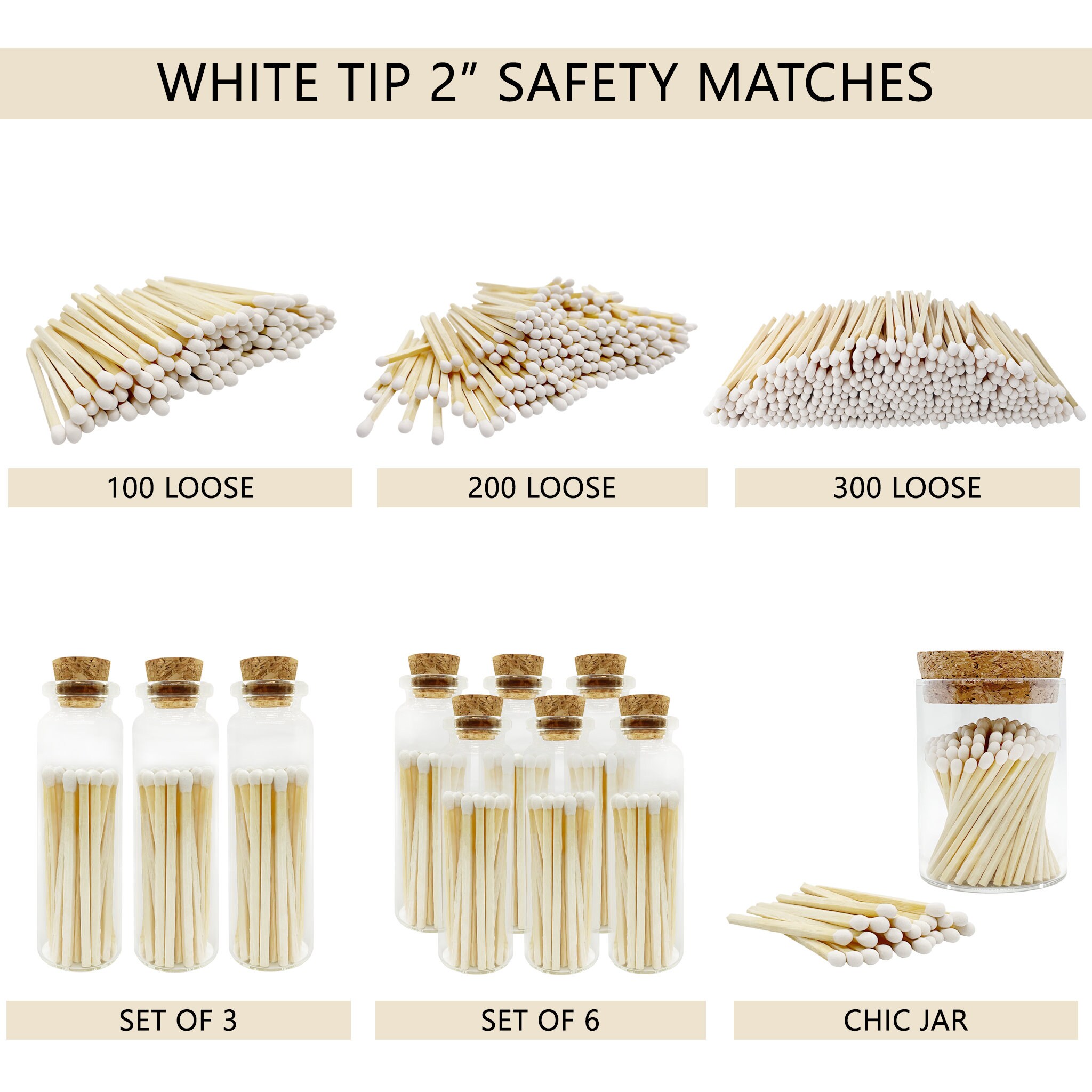 2” White Small Artisan Matches in a Chic Jar, Cork Lid (striking ...