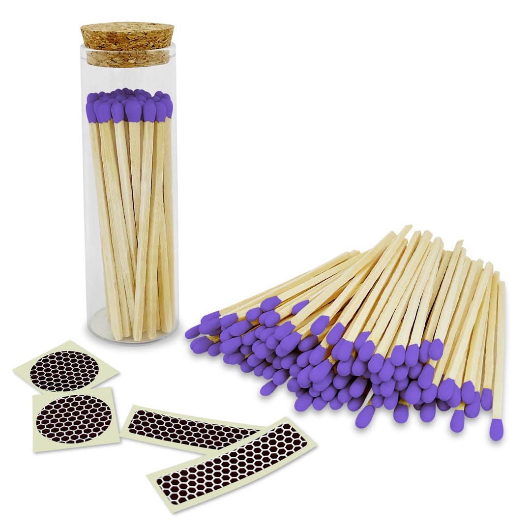 4 Purple Artisan Matches in a Chic Glass Jar, Cork Lid striking ...