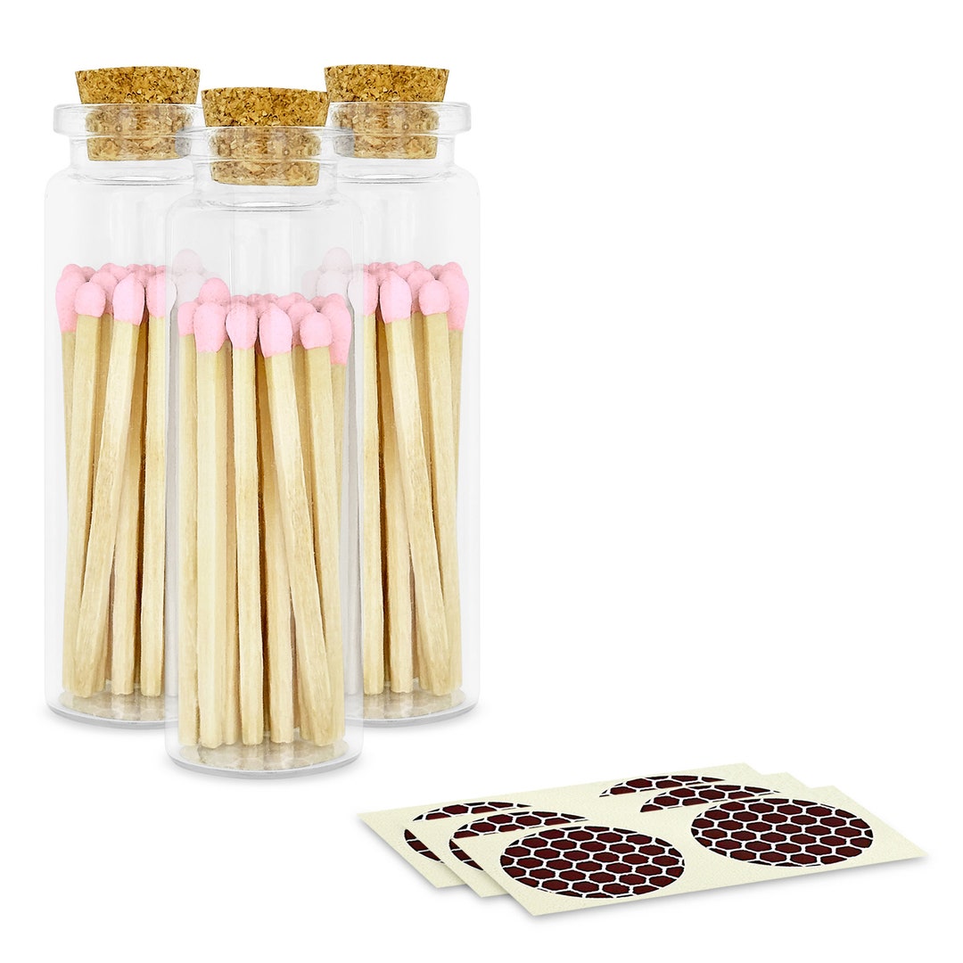 2 Light Pink Matches in 3 Glass Bottles W/ Cork Top Striker & 20 ...