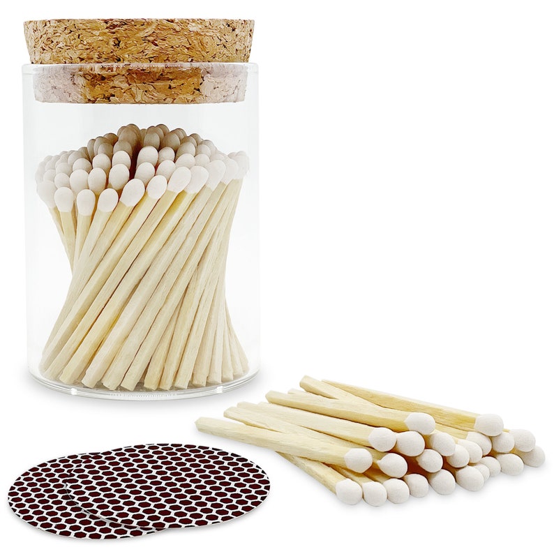 2” White Small Artisan Matches in a Chic Jar, Cork Lid (striking ...