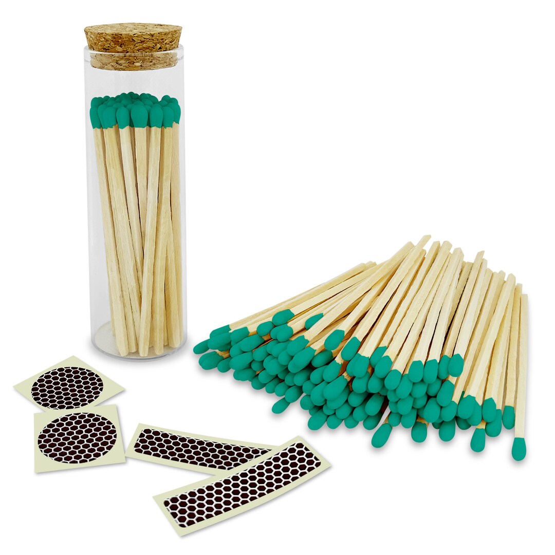 4” Turquoise Artisan Matches in a Chic Glass Jar, Cork Lid (striking ...
