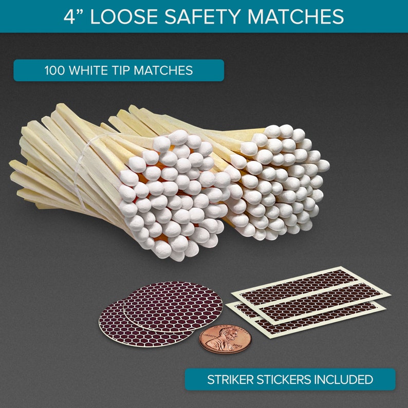4" Matches - 100 Count of Classic White Tip (striking Stickers Included ...