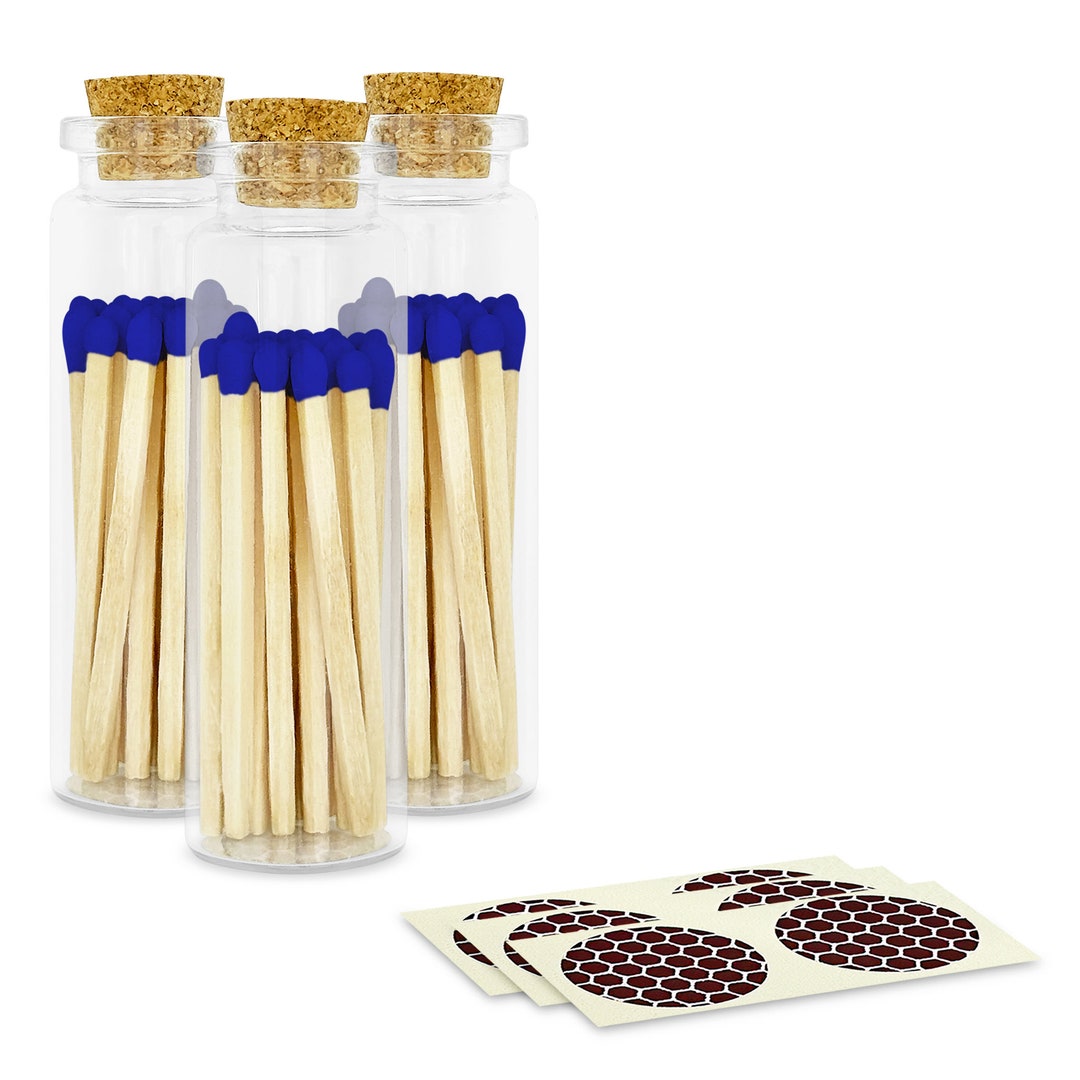 2" Royal Blue Matches in 3 Glass Bottles W/ Cork Top Striker & 20 ...