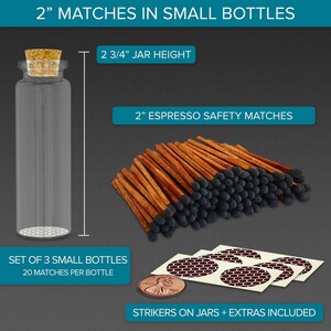 2" Espresso Matches in 3 Glass Bottles W/ Cork Top Striker & 20 Quality ...