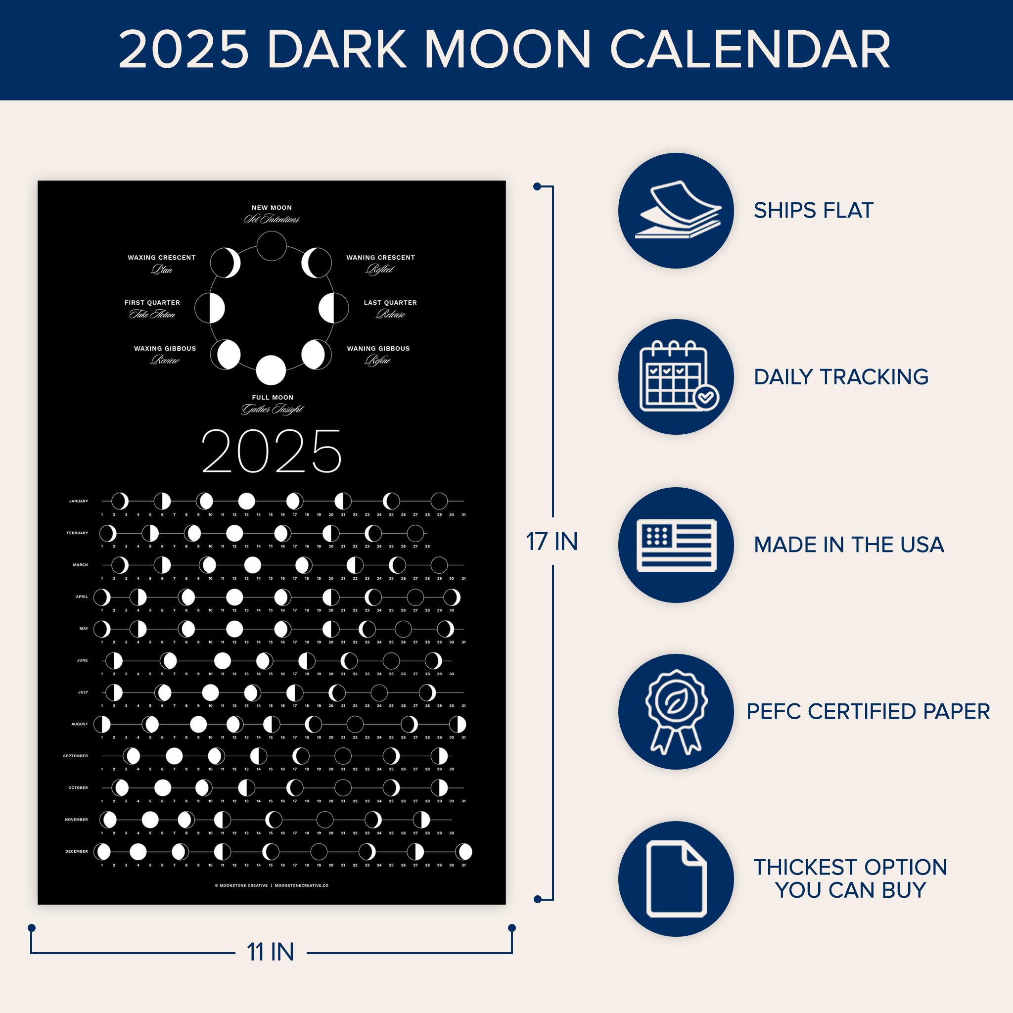 2025 Moon Phase Calendar (SHIPS FLAT) - Hangable Dark Lunar Wall Poster ...