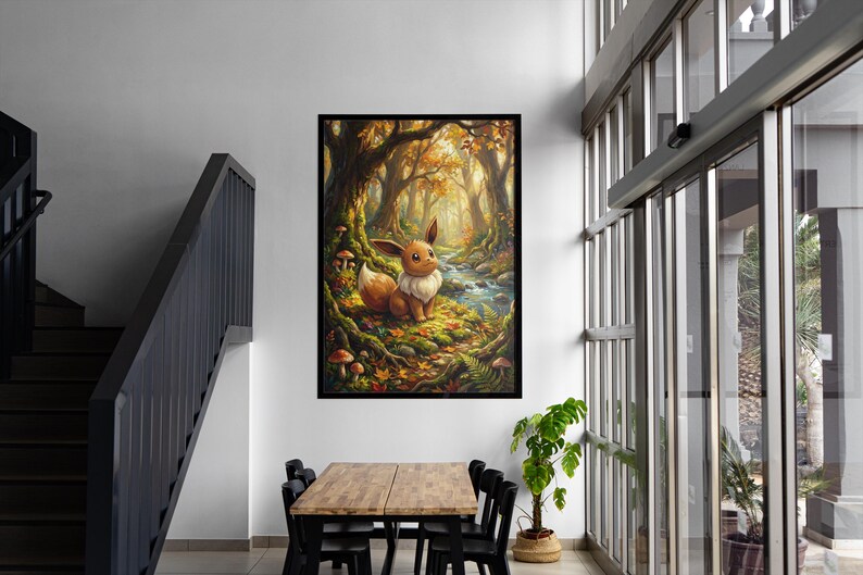 Eevee Forest Print, Eeveelution Pokemon Wall Art, Oil Painting Style ...
