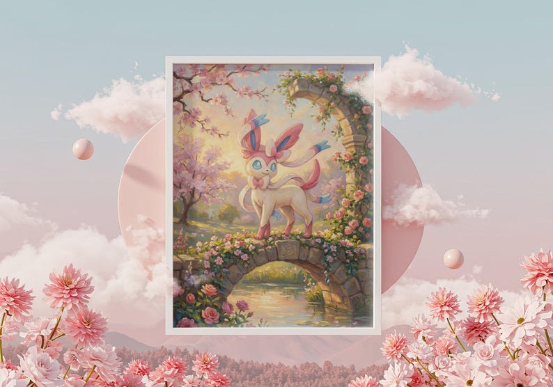Sylveon Sakura Garden Print, Eeveelution Pokemon Wall Art, Oil Painting ...