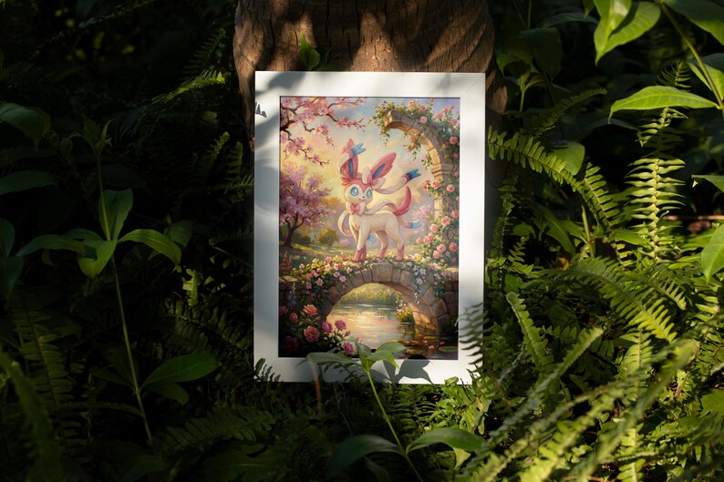 Sylveon Sakura Garden Print, Eeveelution Pokemon Wall Art, Oil Painting ...