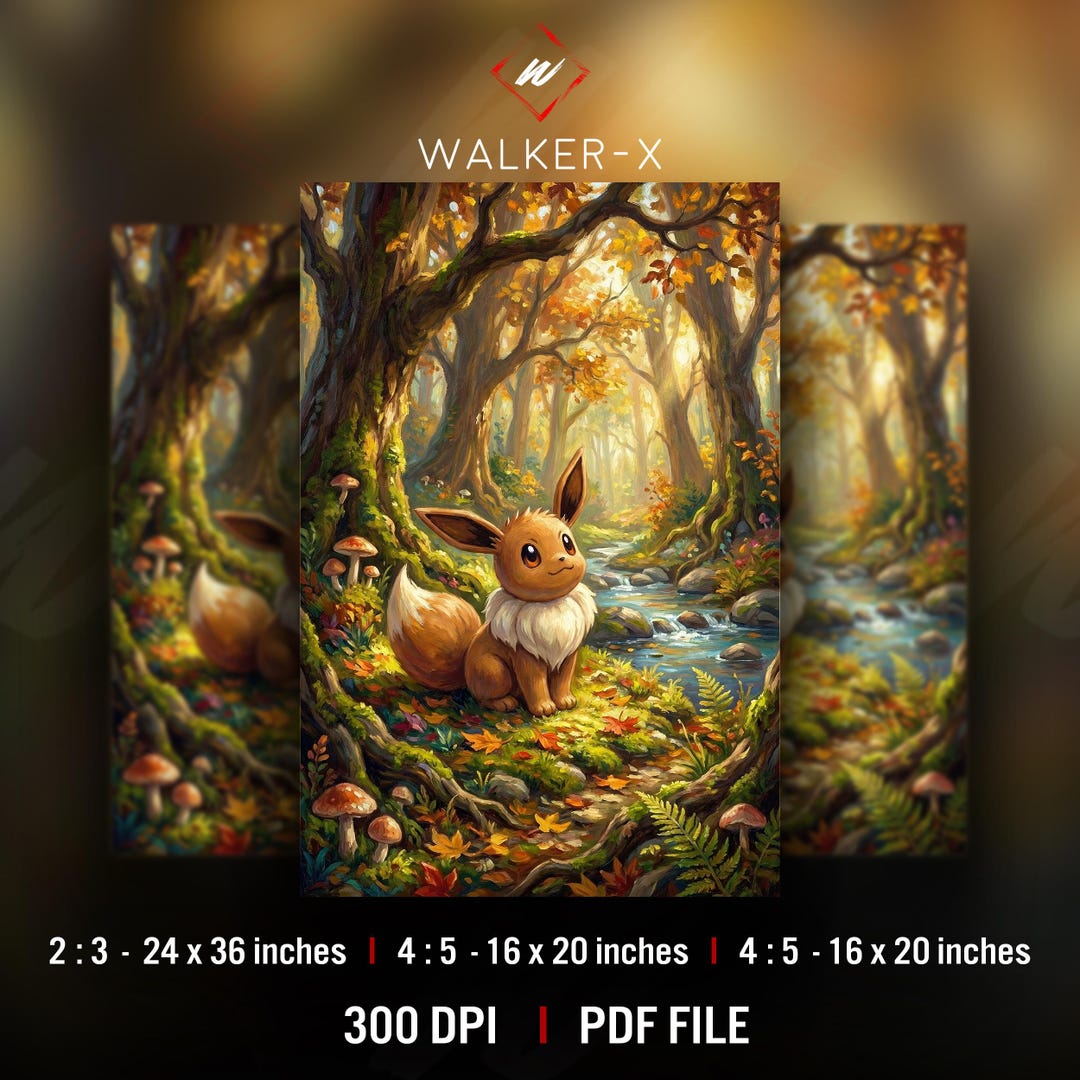 Eevee Forest Print, Eeveelution Pokemon Wall Art, Oil Painting Style ...