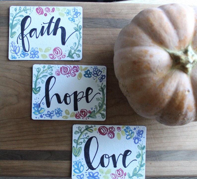 Hand Painted Floral Magnets faith, Hope, Love - Etsy