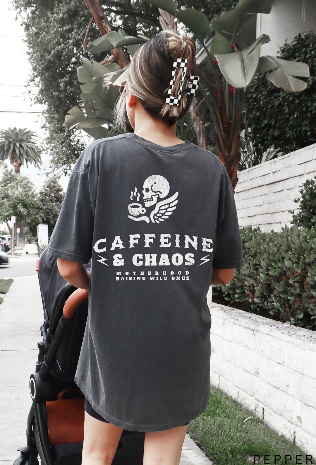 Caffeine and Chaos Funny Mom Shirt Motherhood Mama Shirt Rocker Mom ...