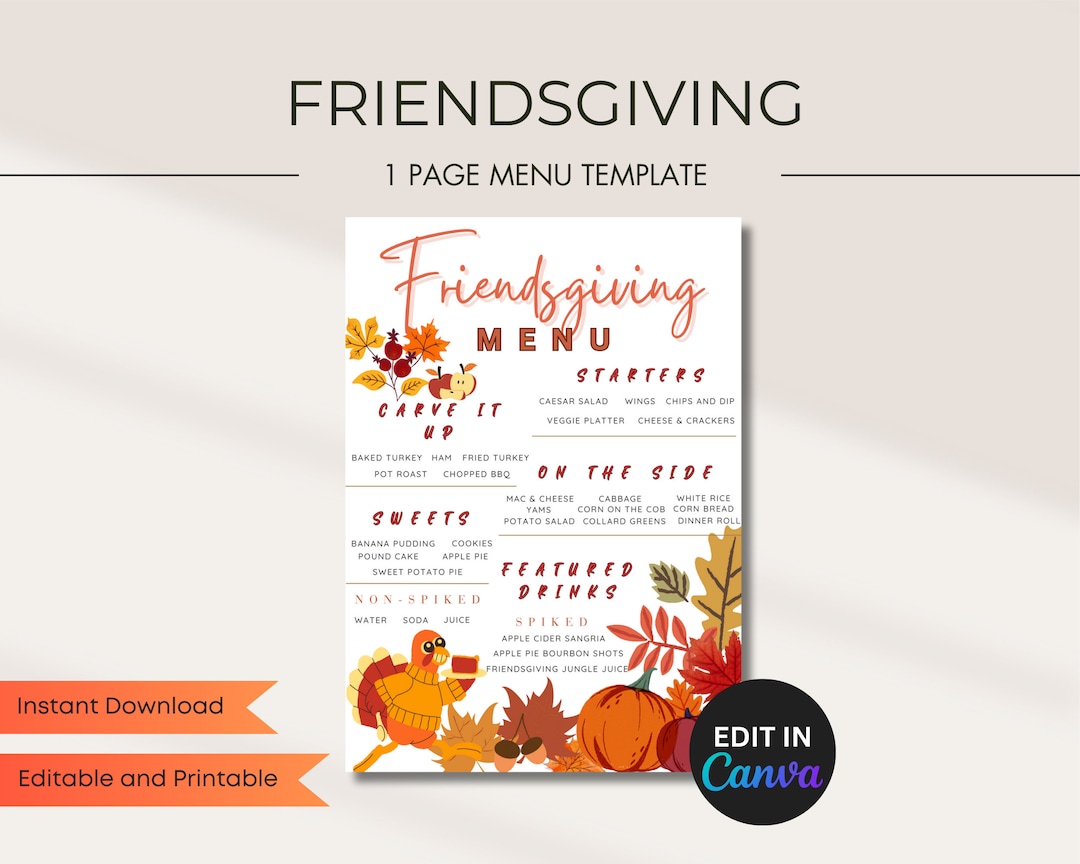 Editable Friendsgiving Menu, 1 Friendsgiving 1 Sided Sheet, Printable ...