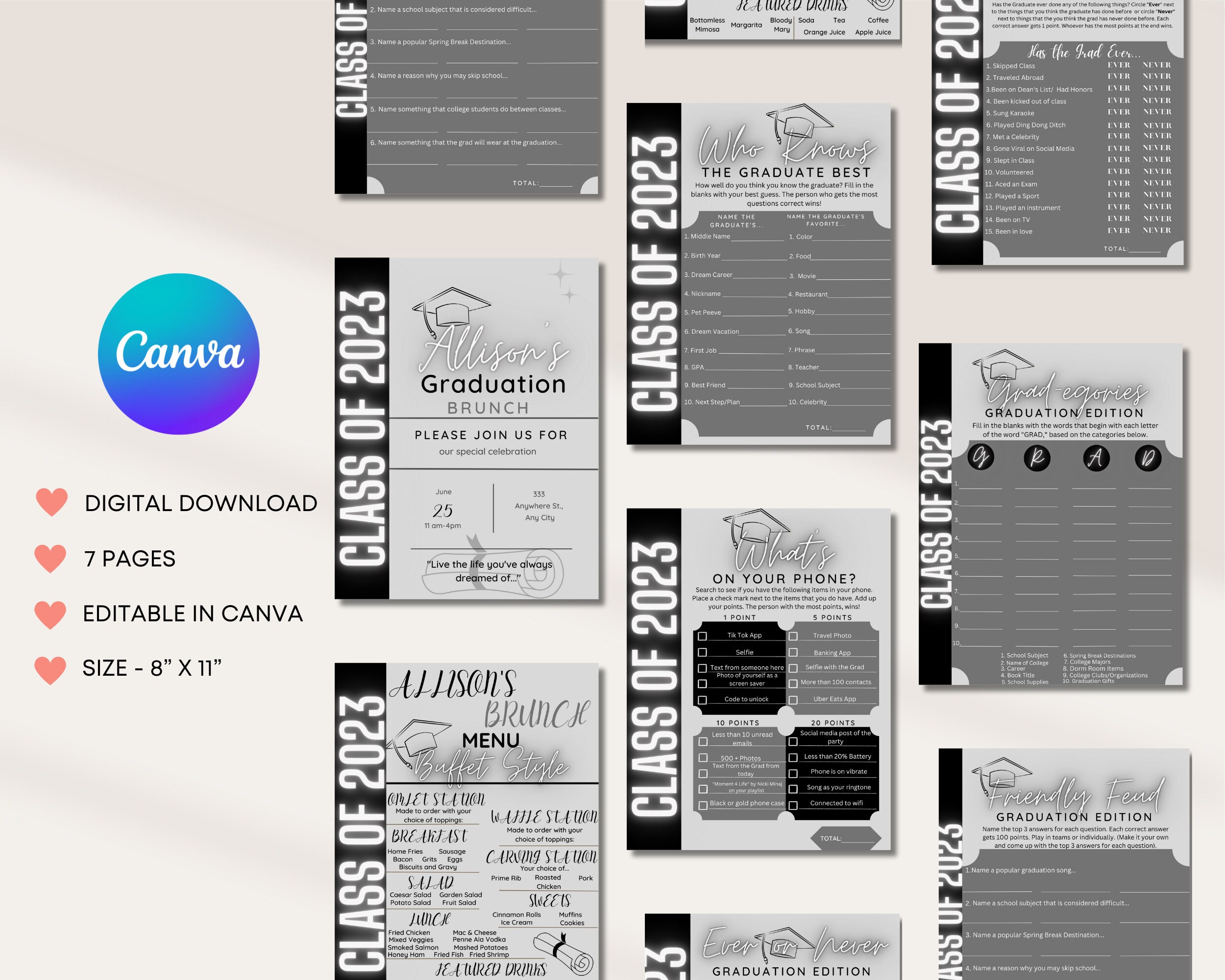 Editable 2023 Graduation Bundle, Printable Graduation Bundle With Games, Menu, and Invitation ...