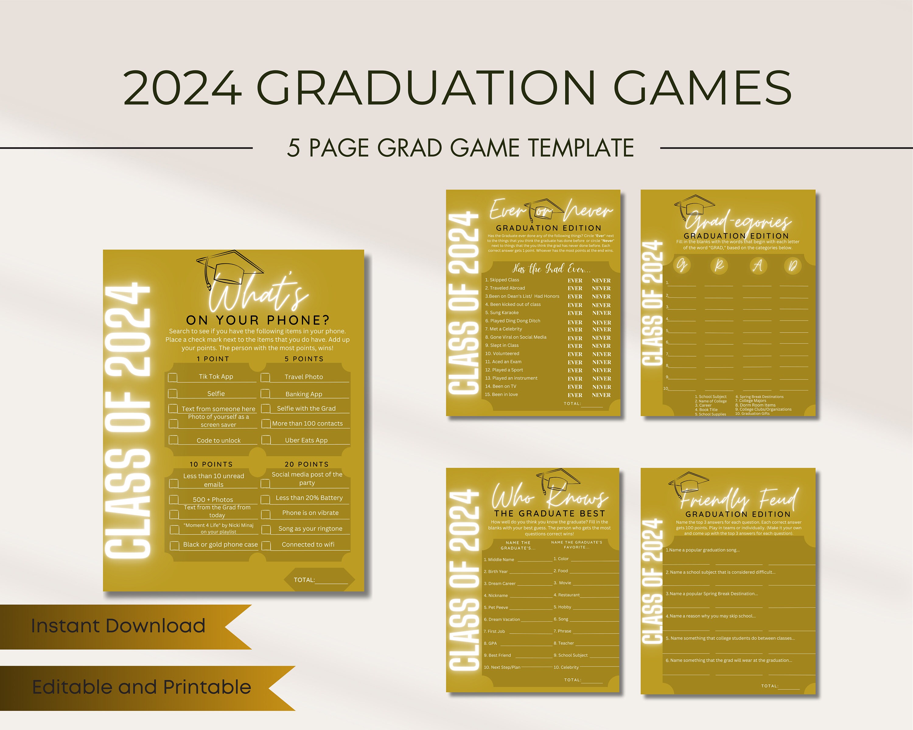 Editable 2024 Graduation Party Games Bundle, 5 Graduation 1 Sided ...