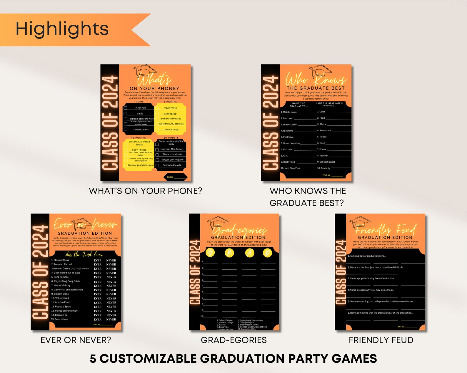 Editable 2024 Graduation Party Games Bundle, 5 Graduation 1 Sided ...
