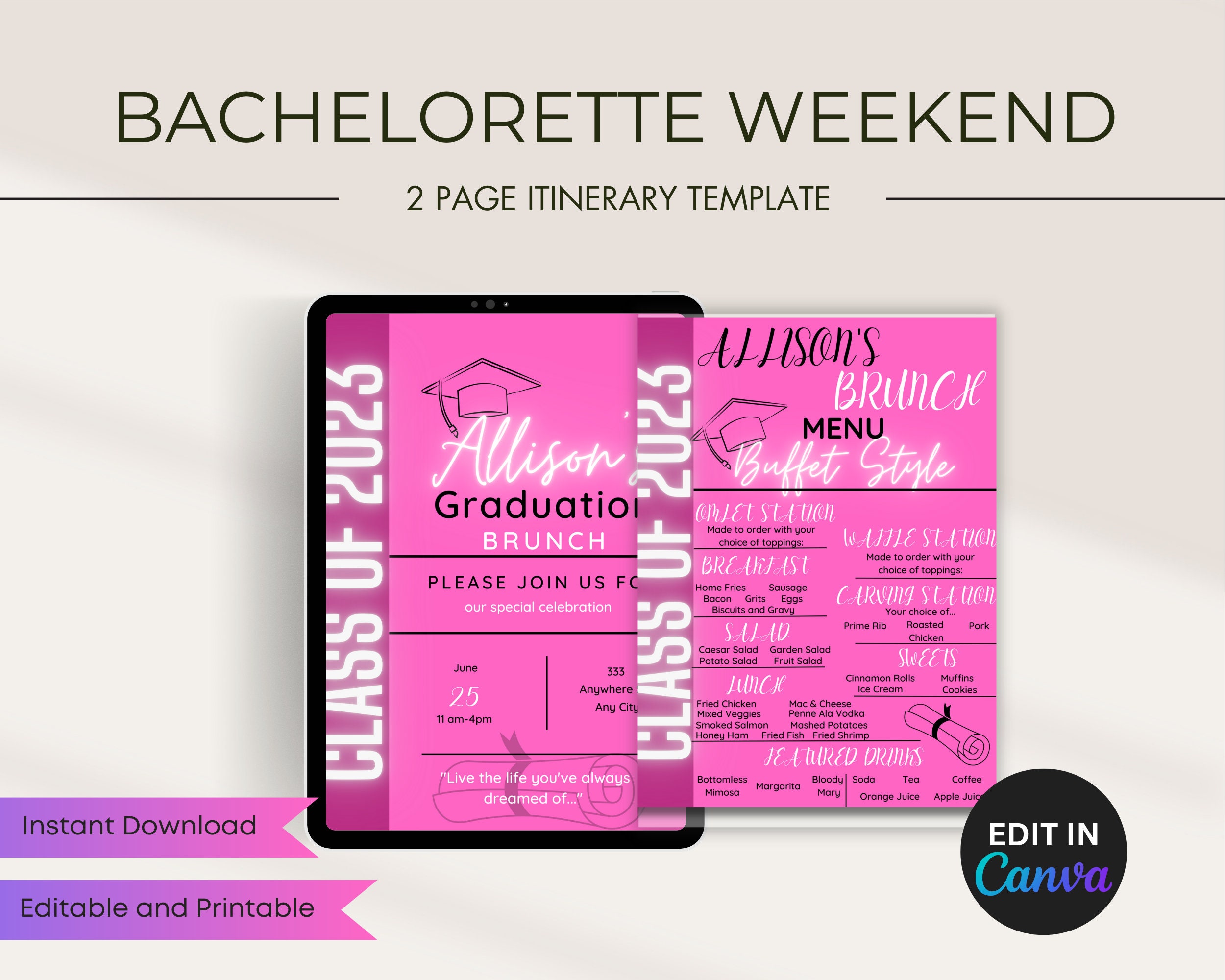 Editable 2023 Pink Barbie Themed Graduation Brunch or Dinner Menu and ...