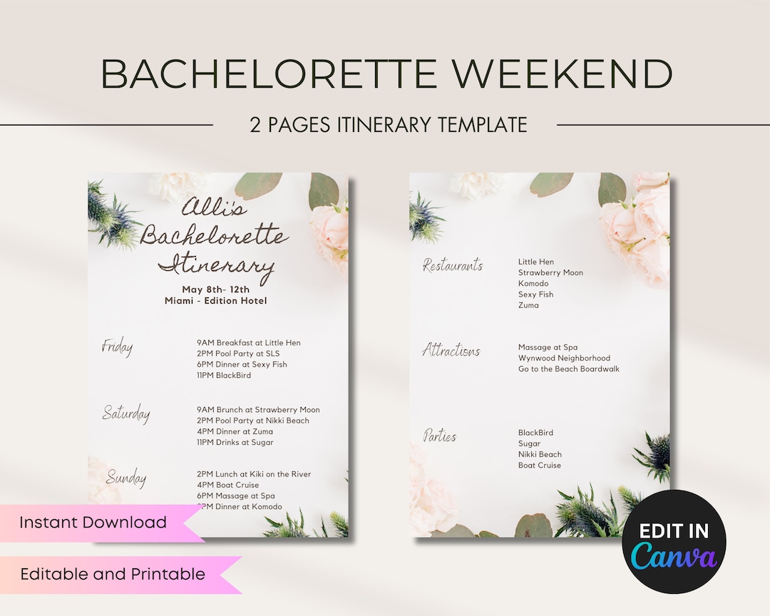 Editable and Printable Bachelorette Weekend Template 2-pager Itinerary ...