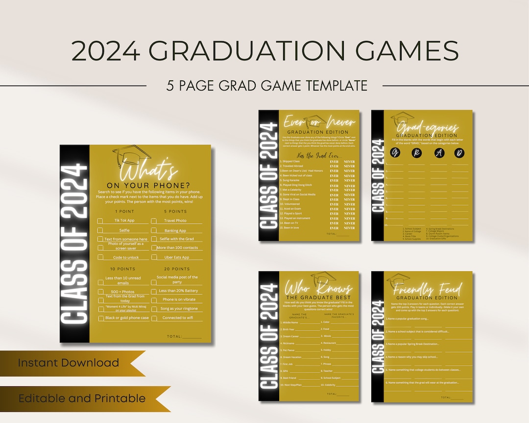 Editable 2024 Graduation Party Games Bundle, 5 Graduation 1 Sided ...