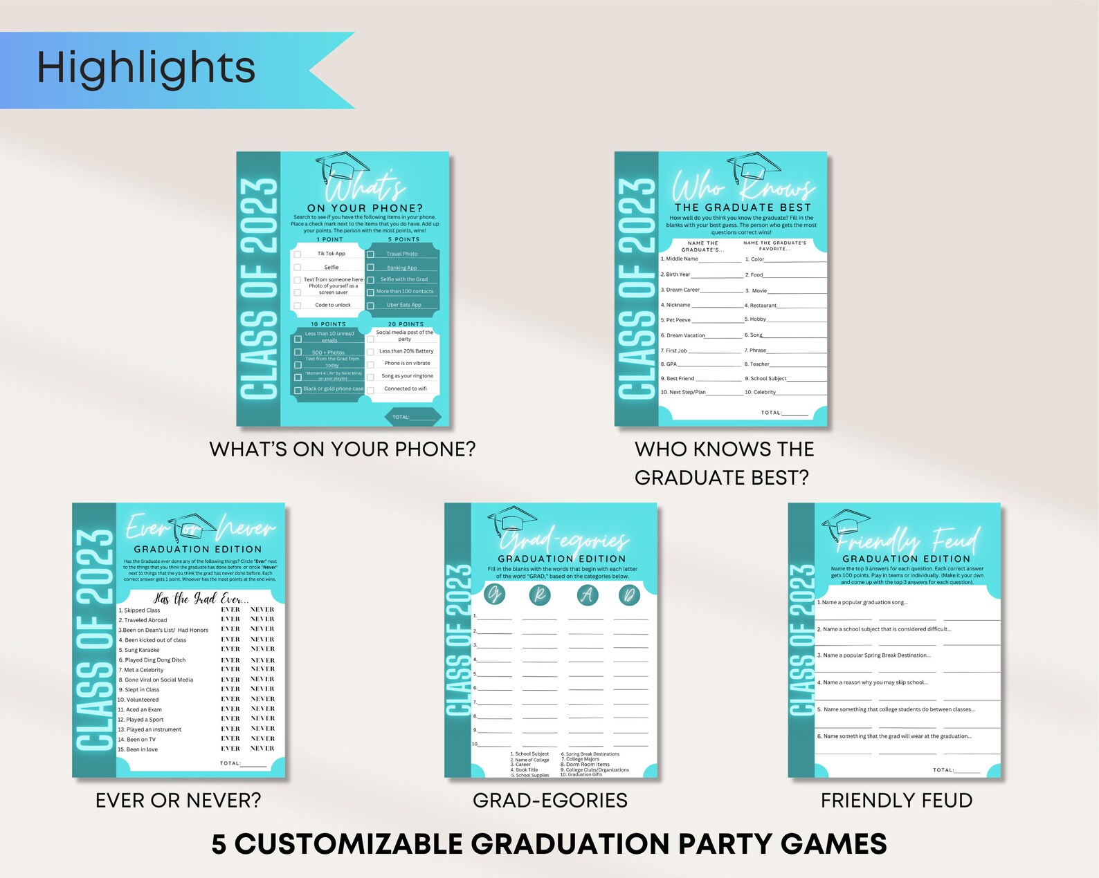 Editable 2023 Graduation Party Games Bundle, 5 Graduation 1 Sided ...