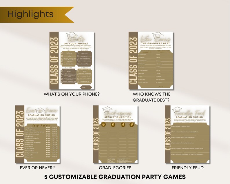 Editable 2023 Graduation Party Games Bundle, 5 Graduation 1 Sided ...