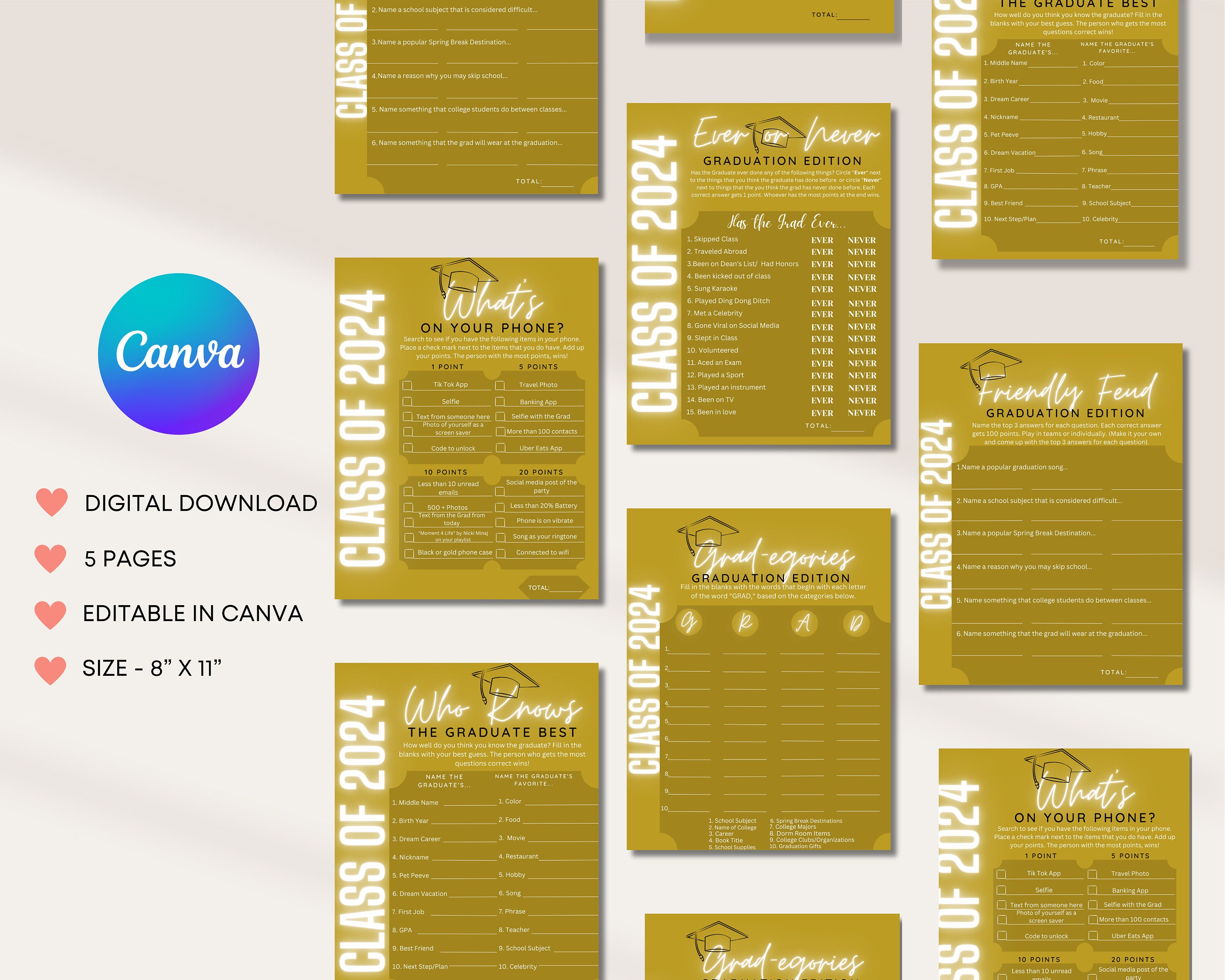 Editable 2024 Graduation Party Games Bundle, 5 Graduation 1 Sided ...