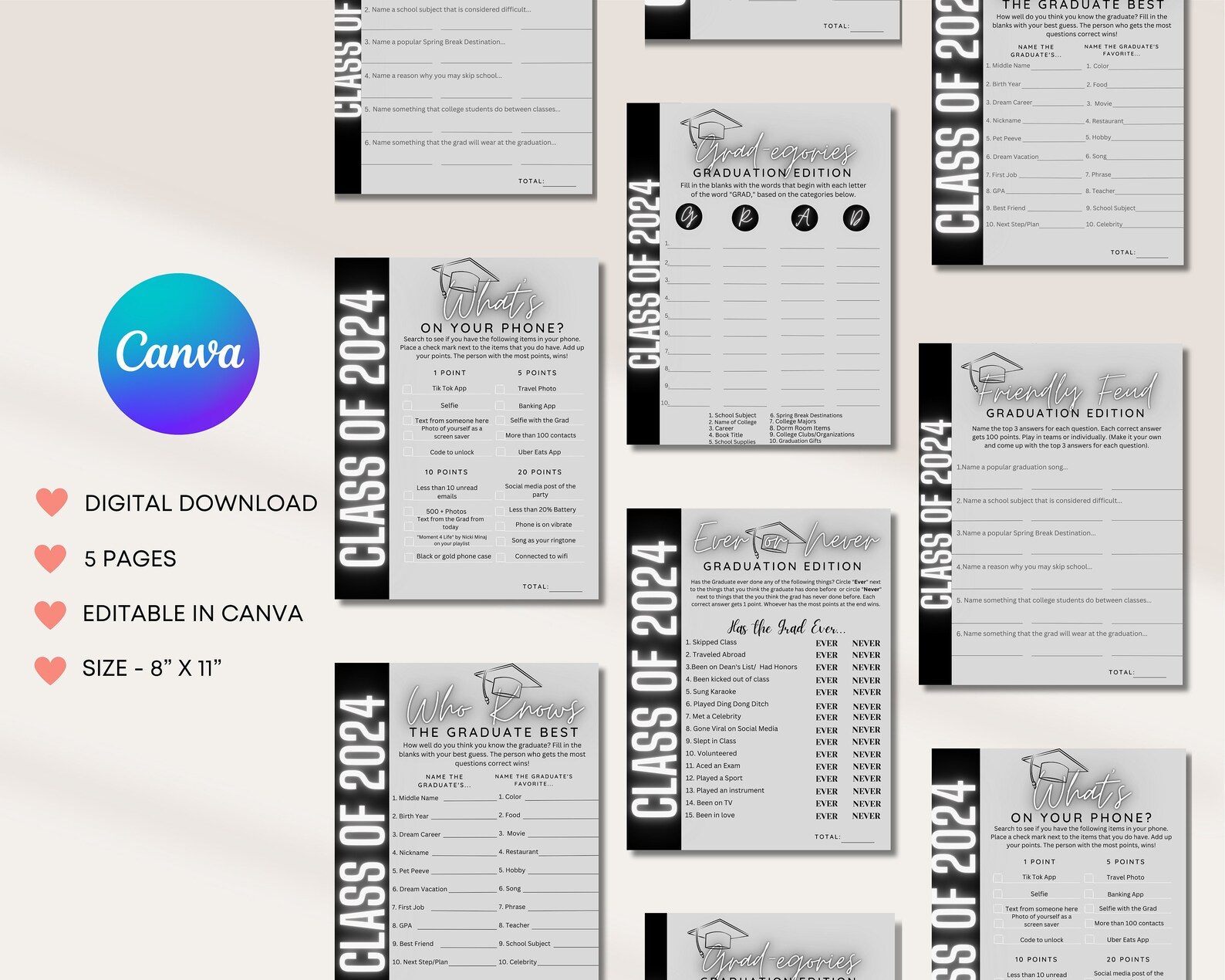 Editable 2024 Graduation Party Games Bundle, 5 Graduation 1 Sided ...