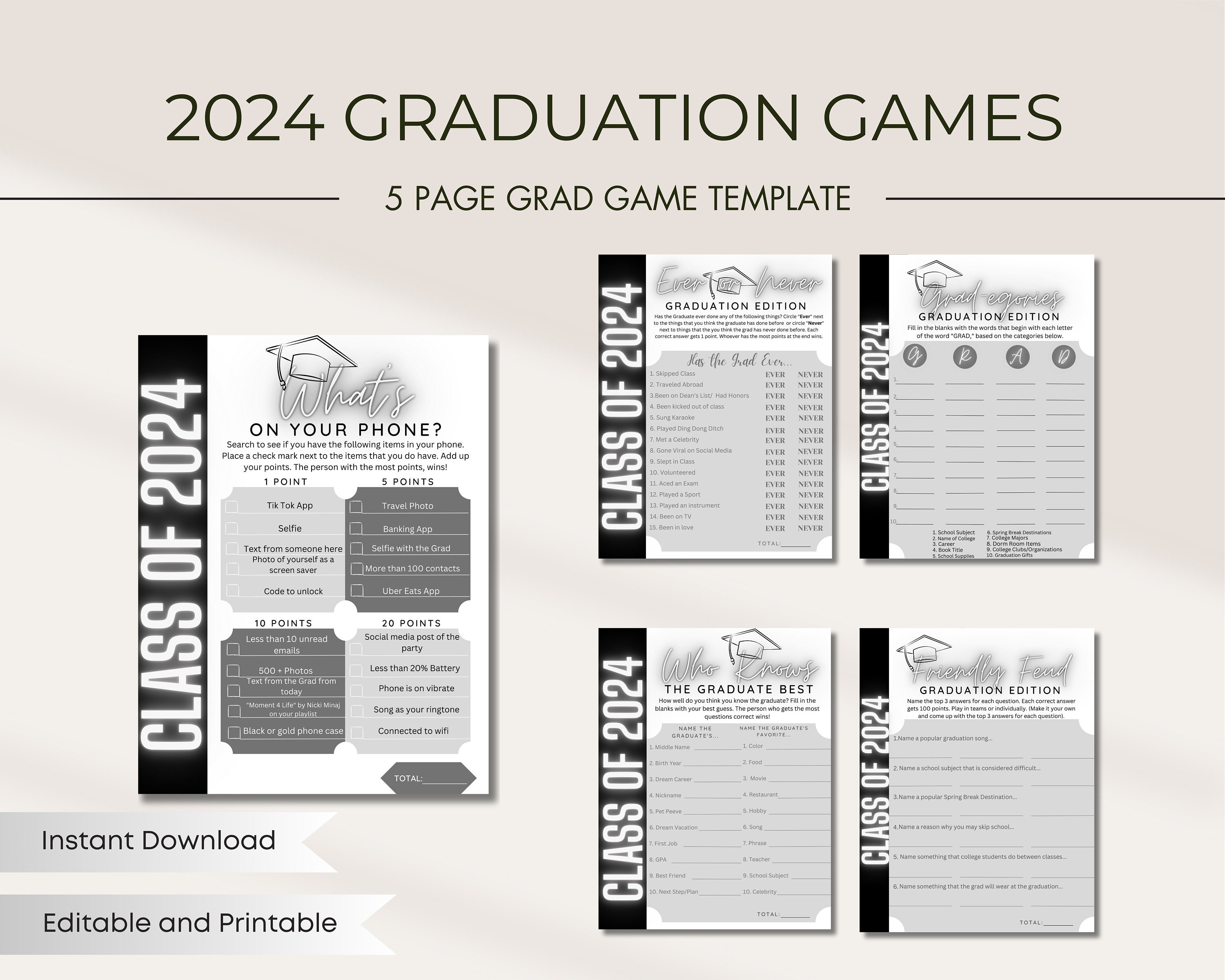 Editable 2024 Graduation Party Games Bundle, 5 Graduation 1 Sided ...