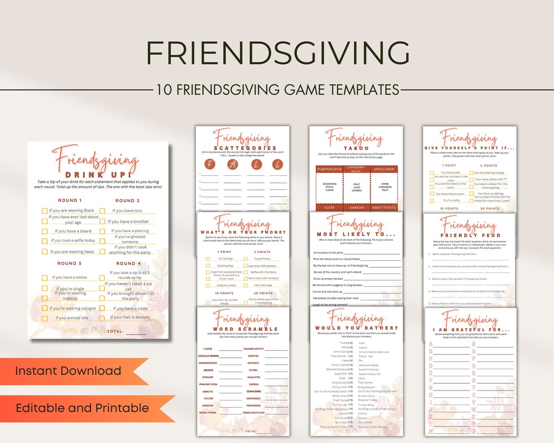 Editable Friendsgiving Games Bundle, 14 Friendsgiving 1 Sided Sheets ...