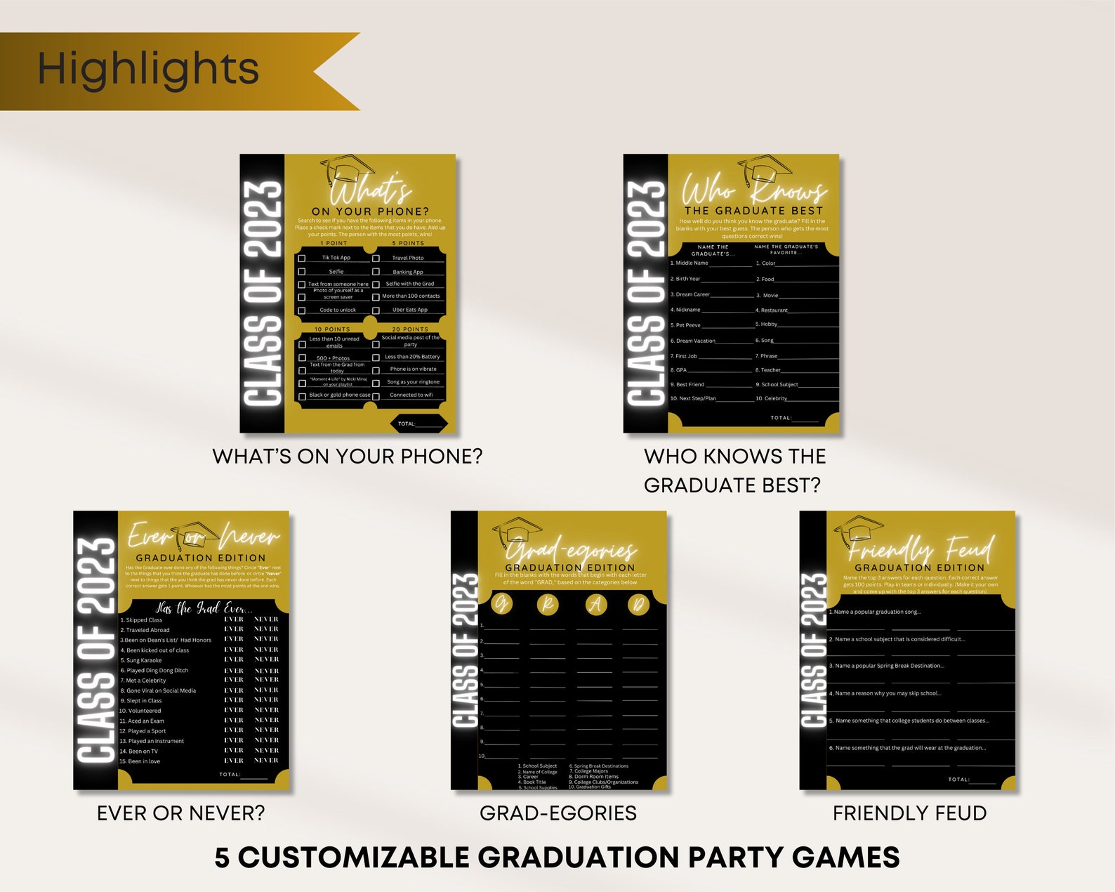 Editable 2023 Graduation Party Games Bundle, 5 Graduation 1 Sided ...