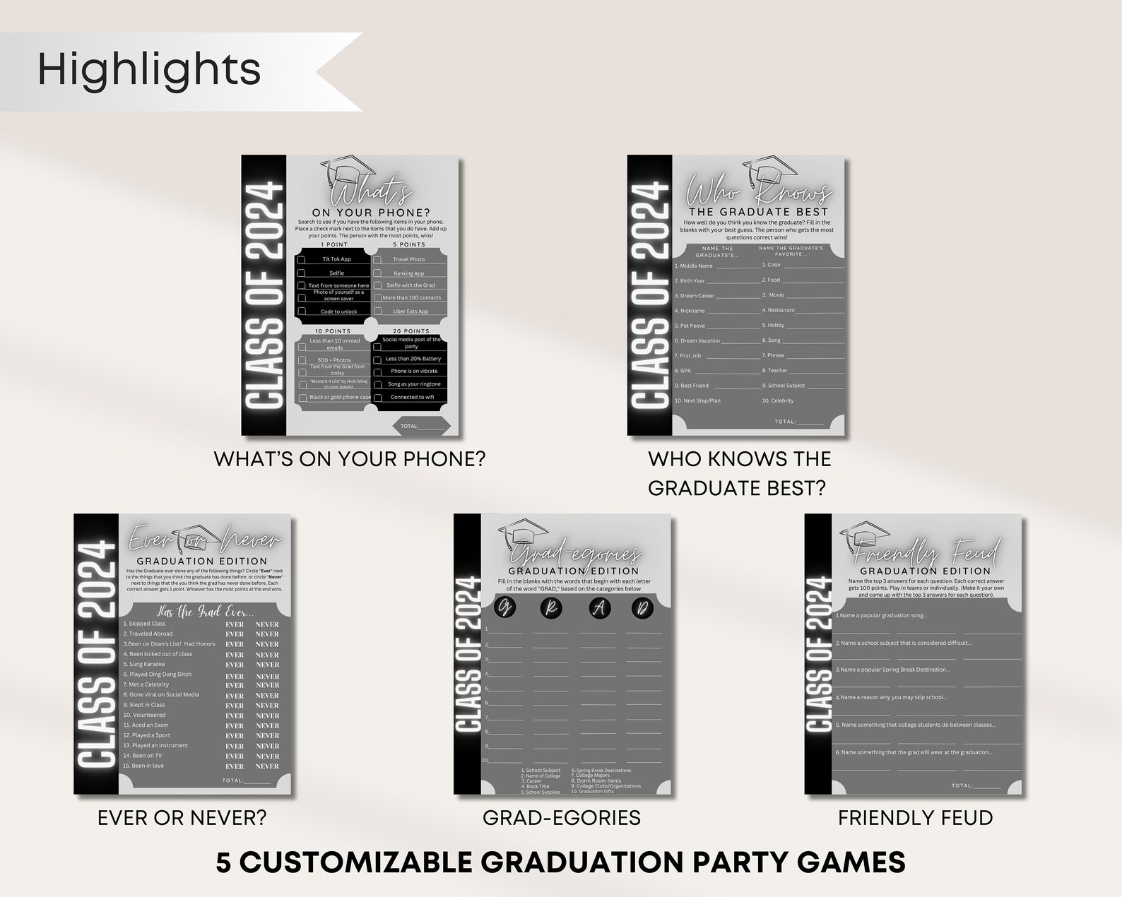 Editable 2024 Graduation Party Games Bundle, 5 Graduation 1 Sided ...