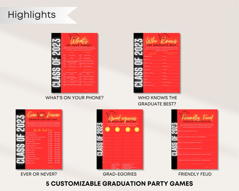 Editable 2023 Graduation Party Games Bundle, 5 Graduation 1 Sided ...