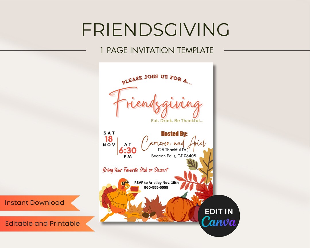 Editable Friendsgiving Invitation, 1 Friendsgiving 1 Sided Sheet ...