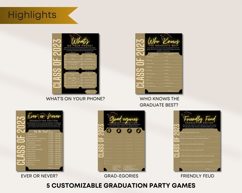 Editable 2023 Graduation Party Games Bundle, 5 Graduation 1 Sided ...