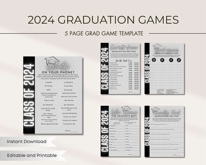 Editable 2024 Graduation Party Games Bundle, 5 Graduation 1 Sided ...