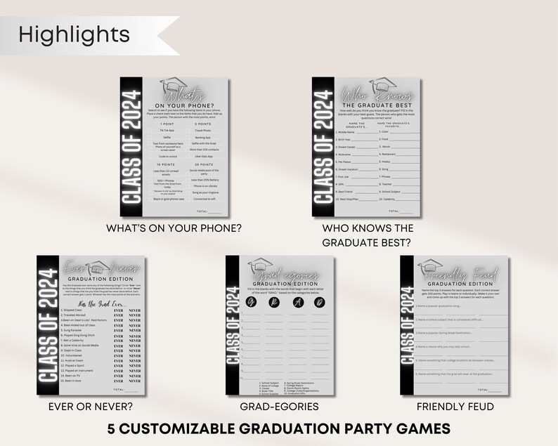 Editable 2024 Graduation Party Games Bundle, 5 Graduation 1 Sided ...