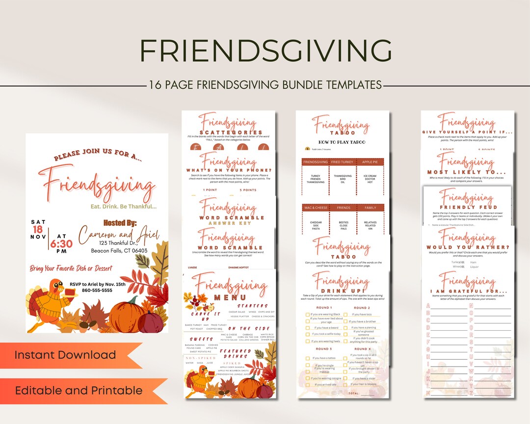 Editable Friendsgiving Bundle, 16 Friendsgiving 1 Sided Sheets ...