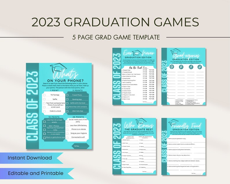 Editable 2023 Graduation Party Games Bundle, 5 Graduation 1 Sided ...