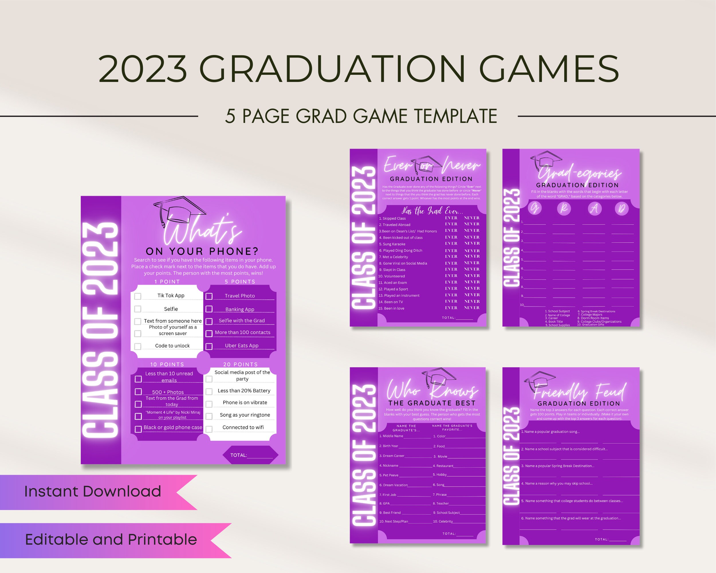 Editable 2023 Graduation Party Games Bundle, 5 Graduation 1 Sided ...
