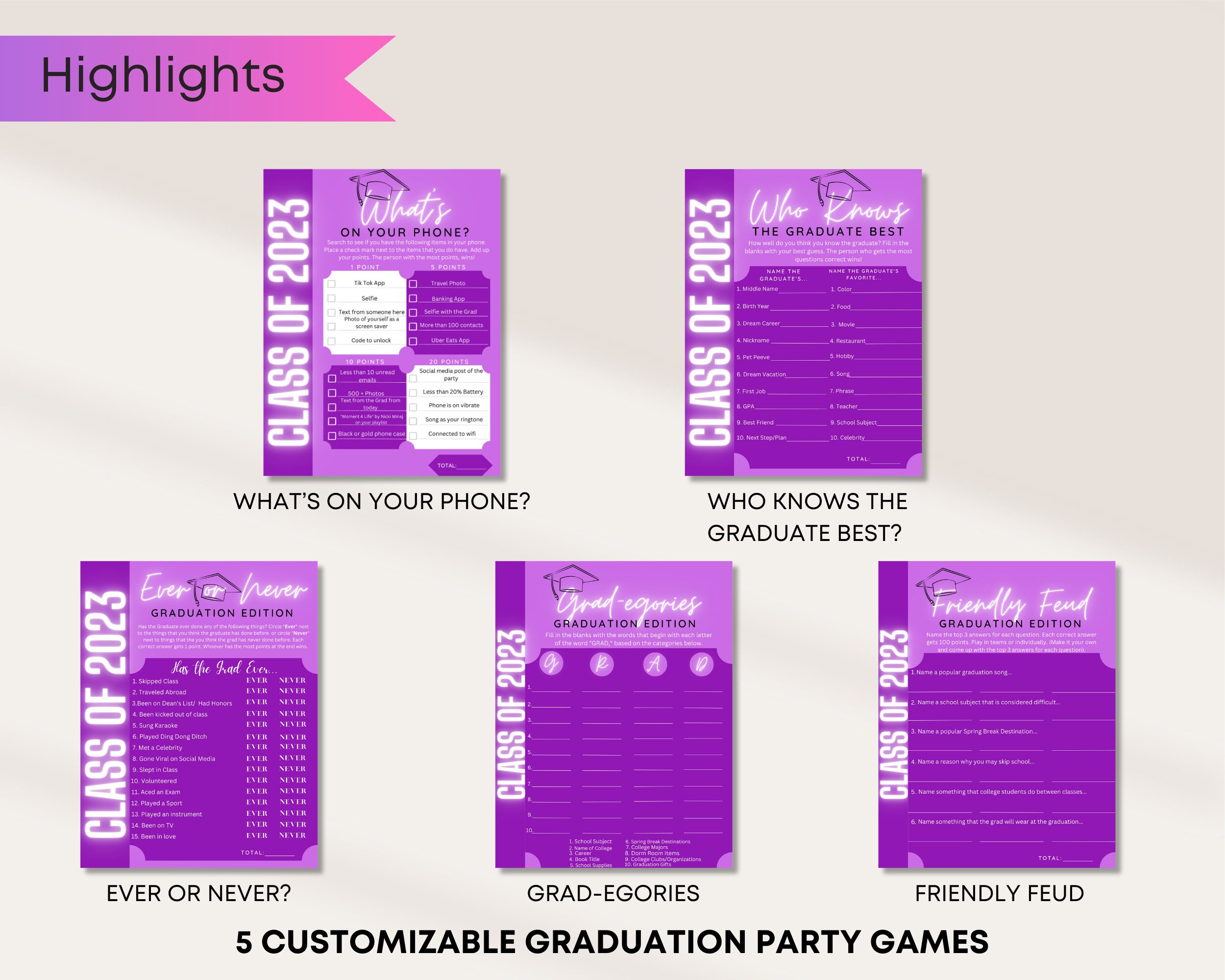 Editable 2023 Graduation Party Games Bundle, 5 Graduation 1 Sided ...