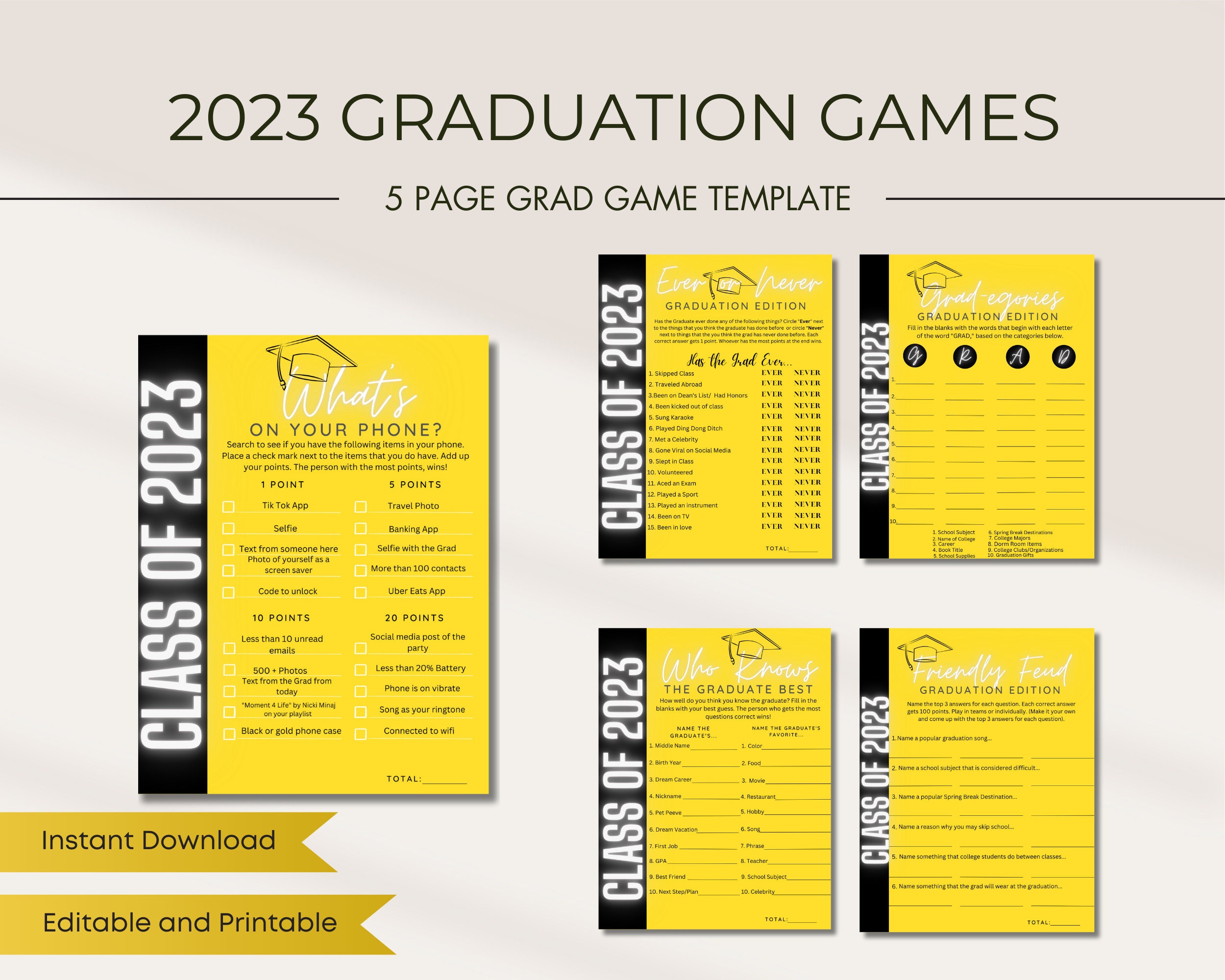 Editable 2023 Graduation Party Games Bundle, 5 Graduation 1 Sided ...